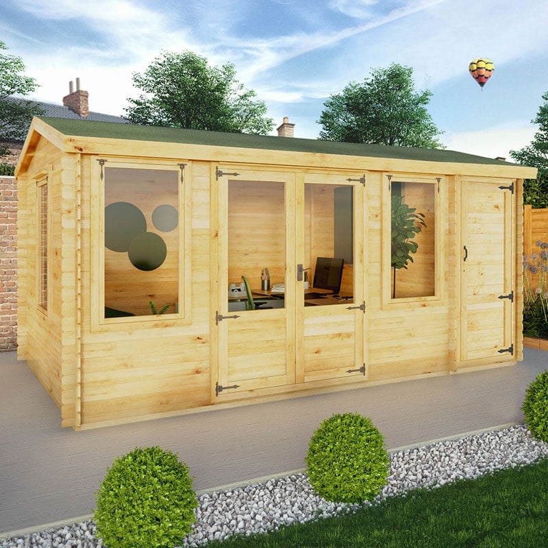 Engaging Mercia 5m x 3m Dual Door Log Cabin with Additional Shelter ...