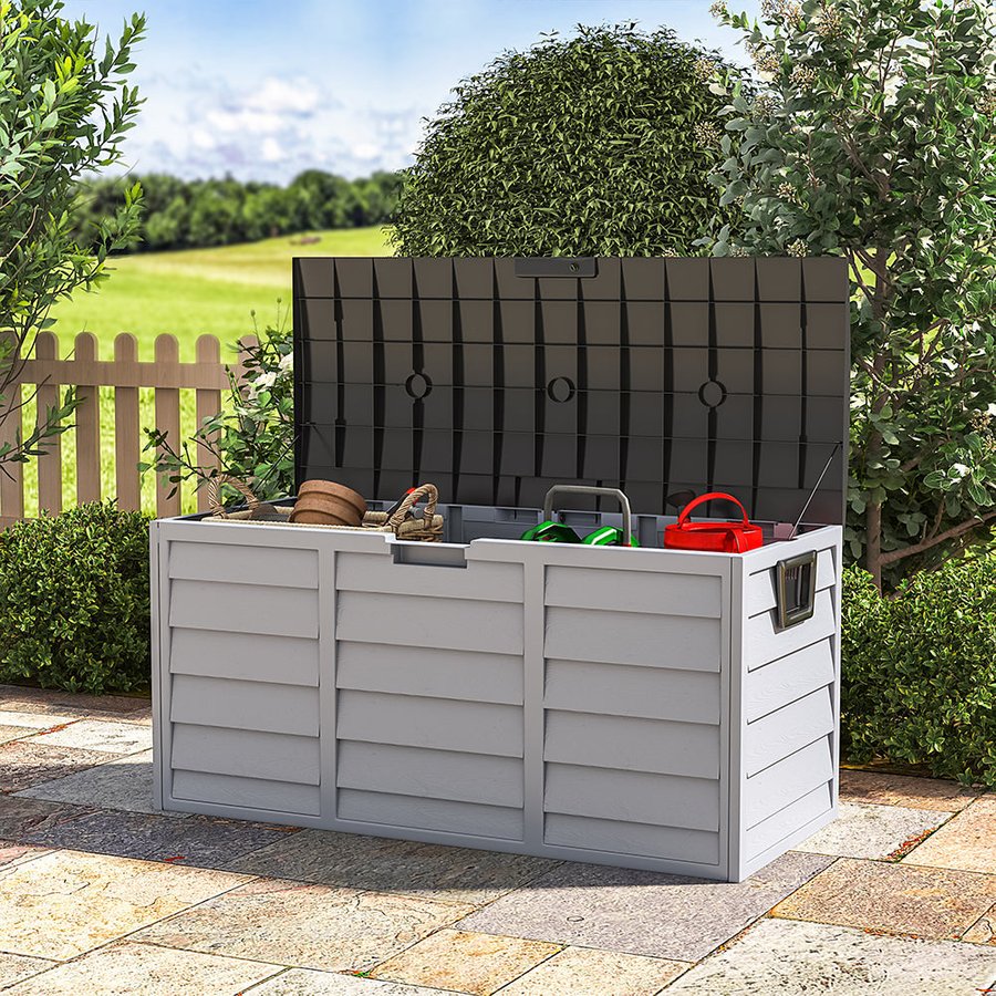 Large Plastic Grey Garden Storage Box with Black Cover - 290 Liters ...