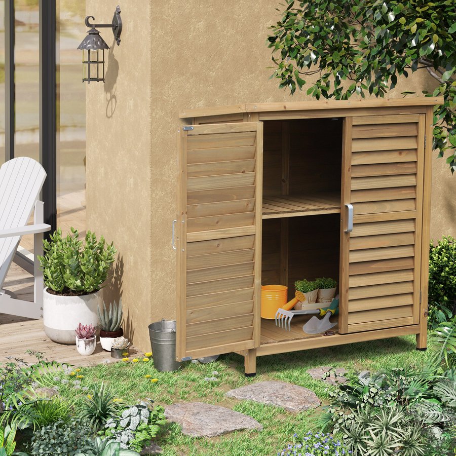 Outsunny Robust Spruce Wooden Garden Storage Cabinet - Natural timber ...